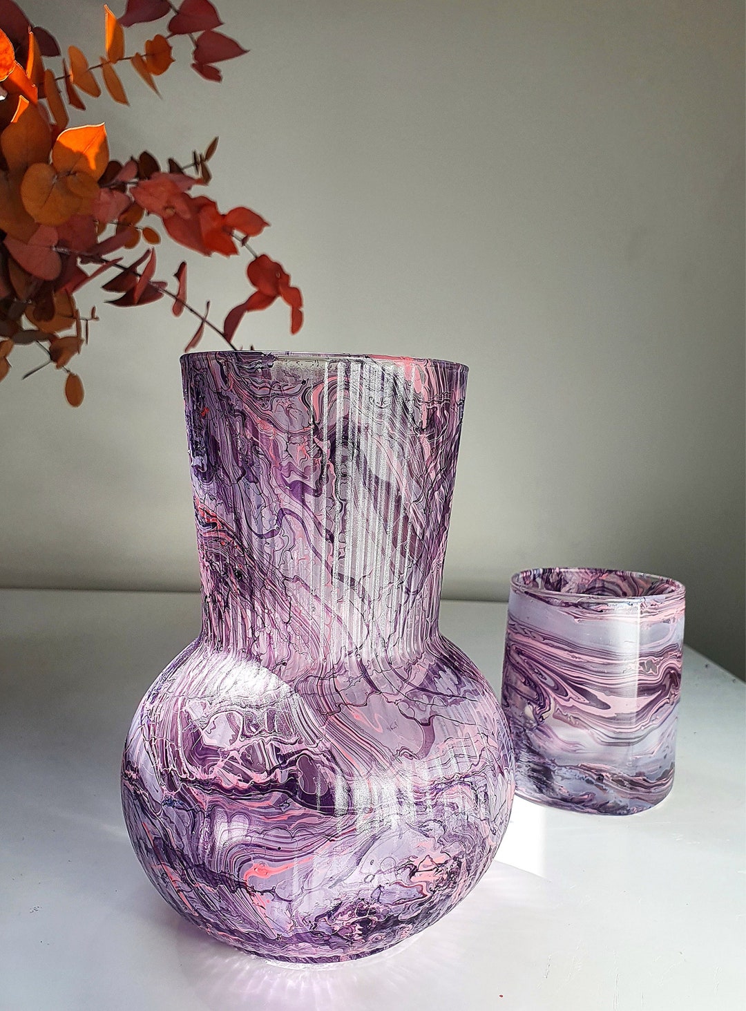 Unique Hand Painted Marble Vintage Ribbed Glass Vase Pink and - Etsy