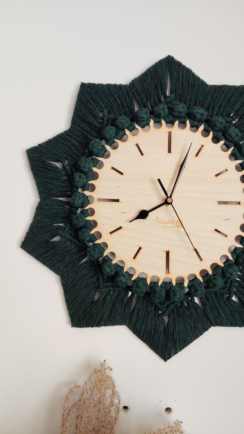 Boho Clock Bottle Green, Rustical Art Wall, Bohemian Interior, Macrame ...