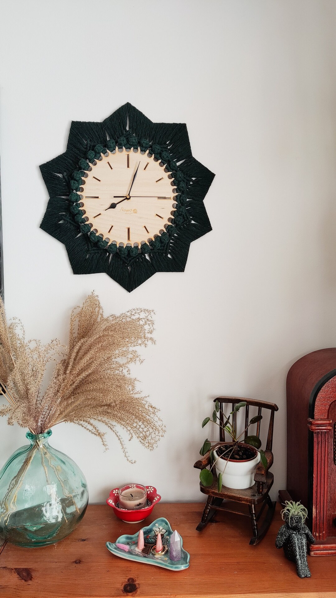 Boho Clock Bottle Green, Rustical Art Wall, Bohemian Interior, Macrame ...