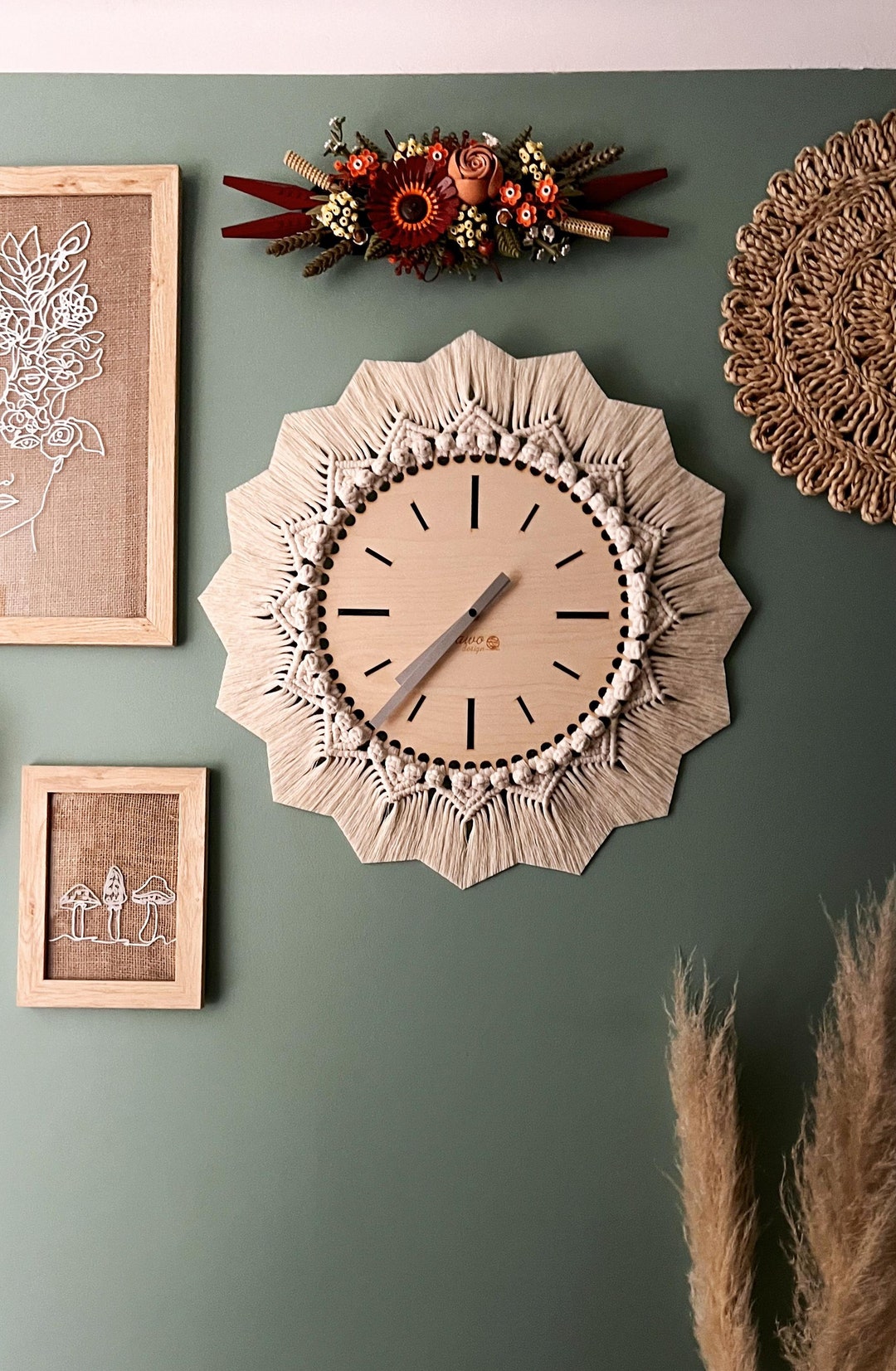 Boho Big Clock, Rustical Art Wall, Bohemian Interior, Macrame Big Clock ...