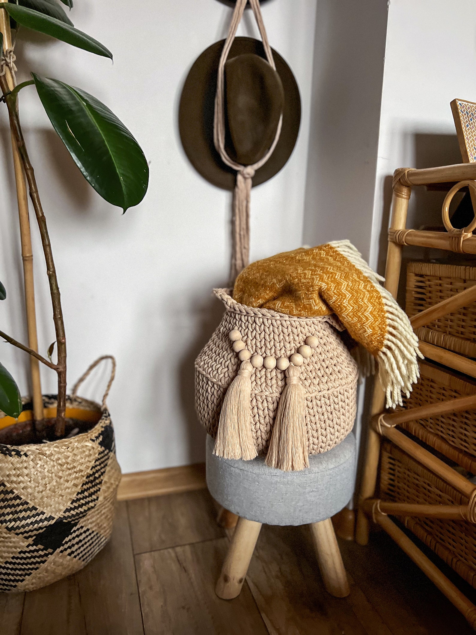 Boho Hamper, Boho Round Basket, Kidsroom Storage Container, Cotton ...