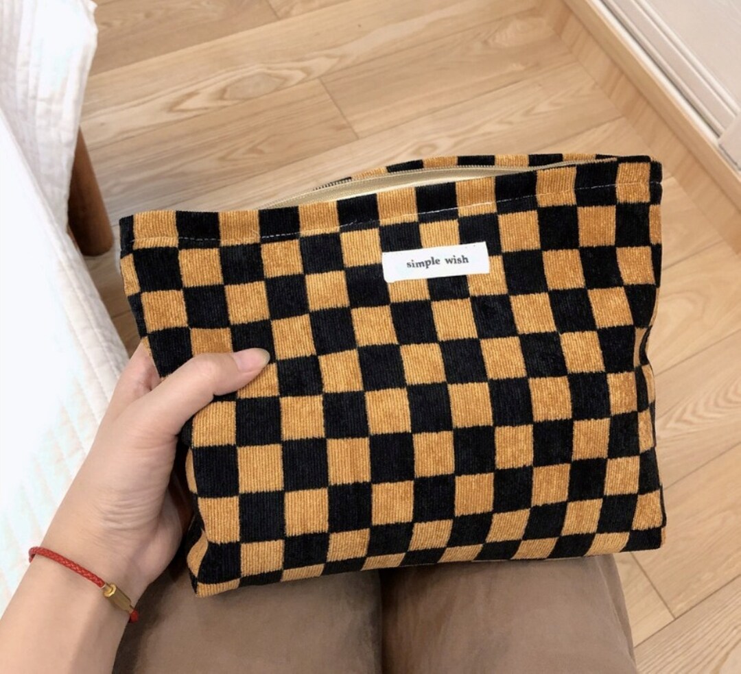 Checkerboard Plaid Makeup Pouch Soft Corduroy Cosmetic Organizer Cozy ...