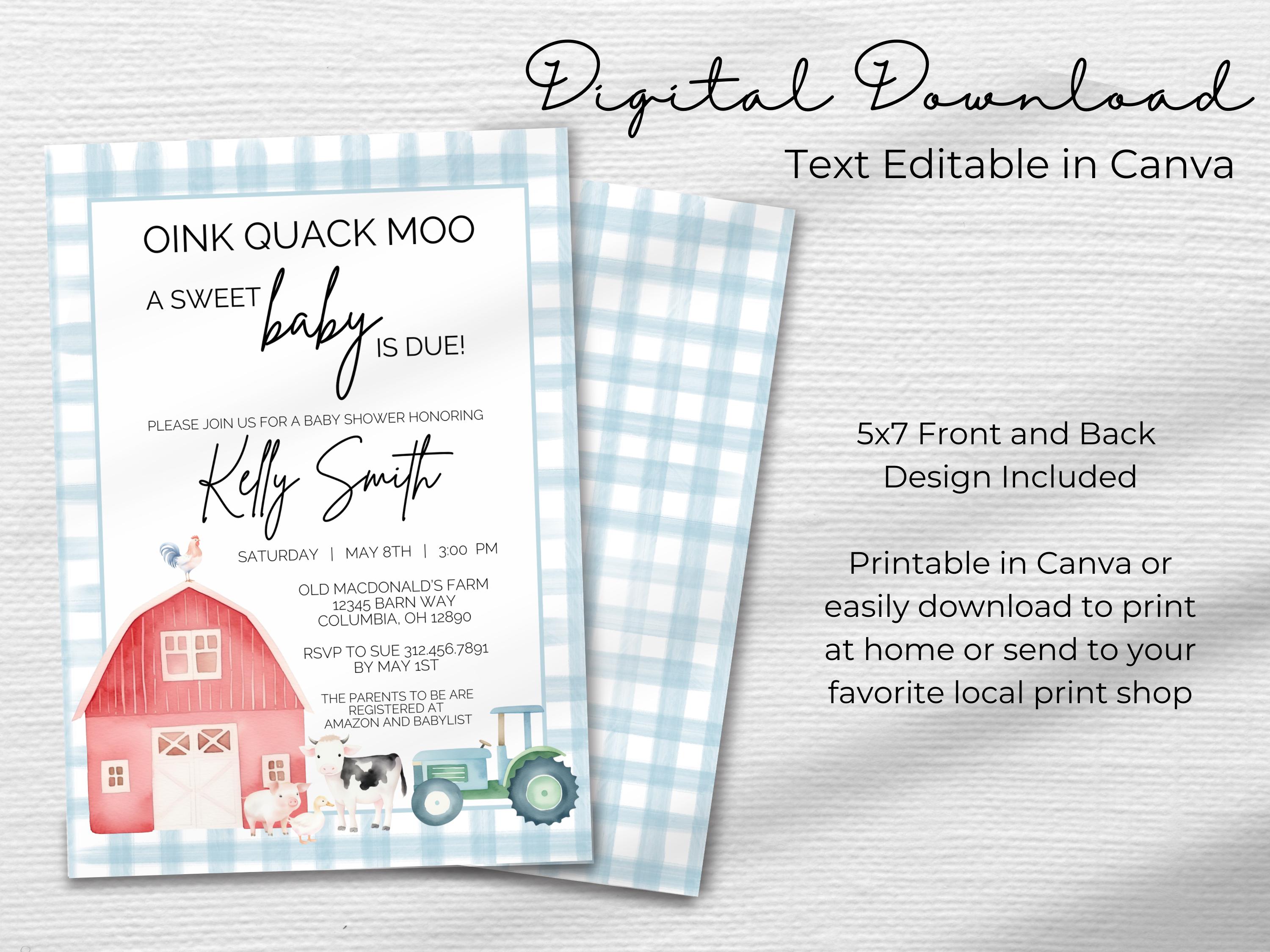 Oink Quack Moo | Farm Themed Baby Shower Invitation | Editable ...