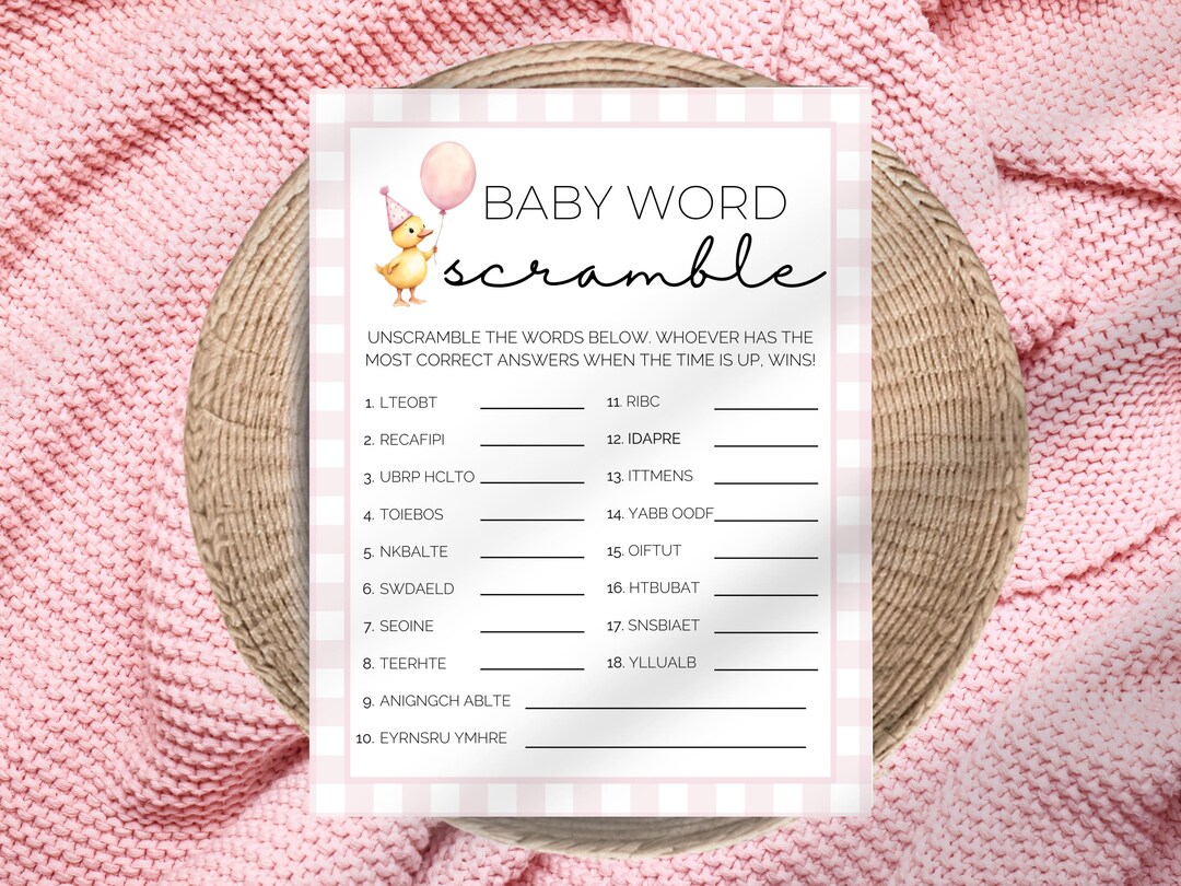 Baby Shower Word Scramble | Yellow Baby Girl Duckling | Pink Gingham ...