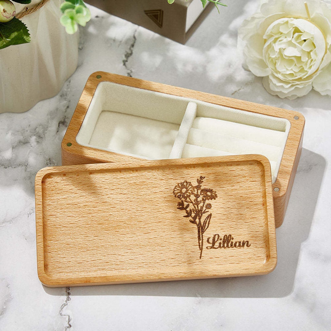 Personalised Birth Flower Jewellery Box Custom Name Jewellery Organizer ...