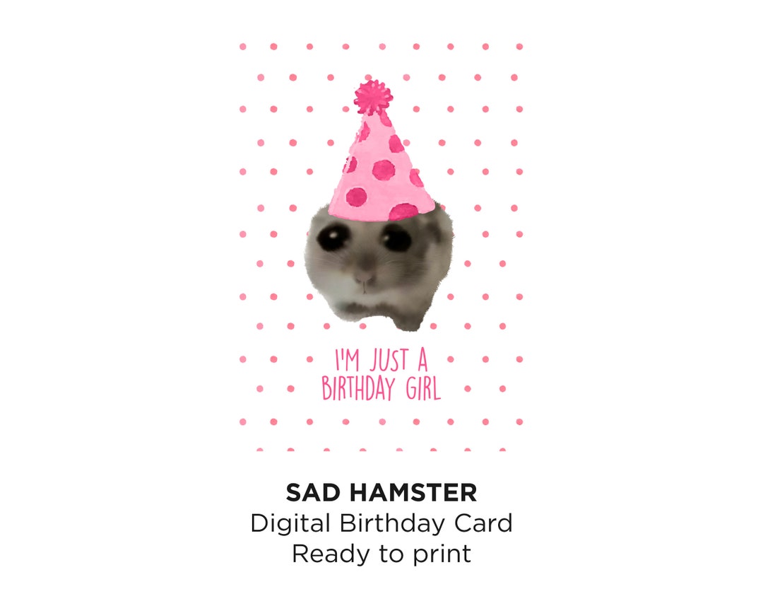 Digital Sad Hamster Birthday Card | Print-at-home | Pink Party Hat ...