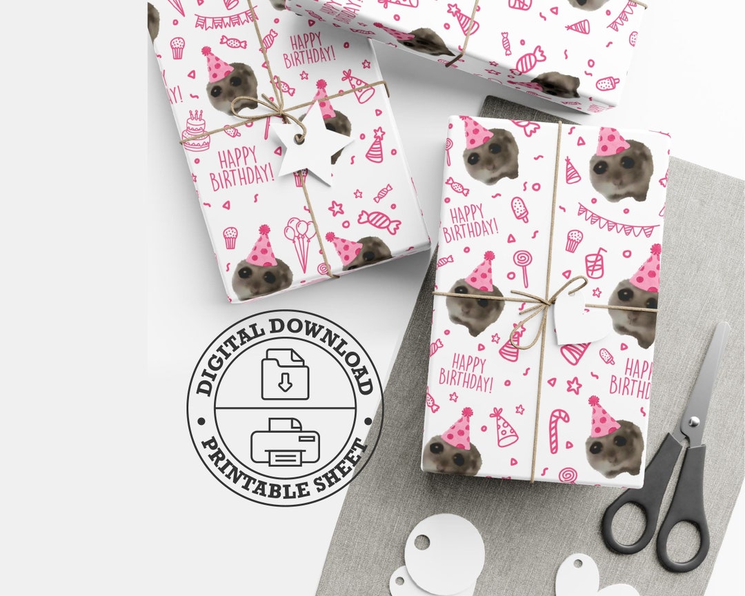 Sad Hamster Birthday Wrapping Paper, Funny Meme Gift Wrap (digital ...