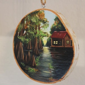 Birch Wood Hand-painted Swamp Scene Christmas Ornament: Serene Wetland ...