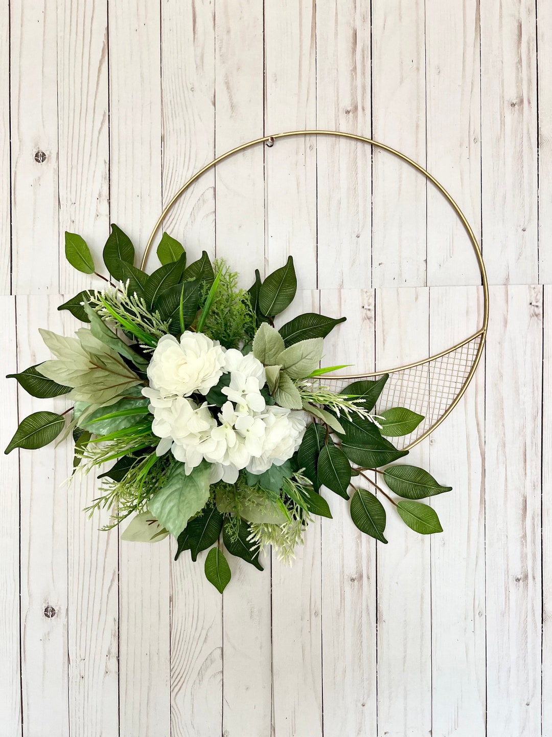 White Hydrangea and Rose Golden Hoop Wreath With Greenery, Year Round ...
