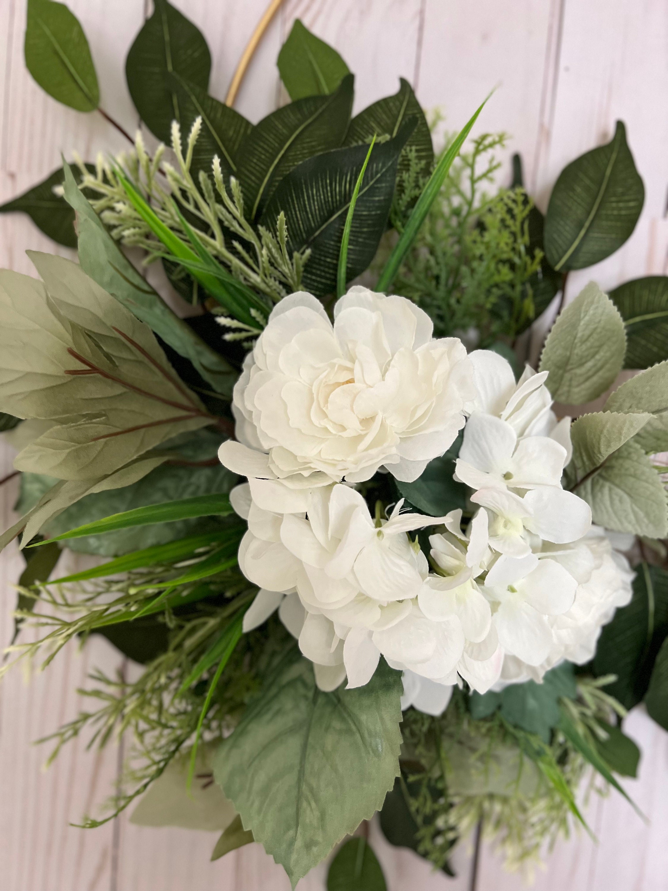 White Hydrangea and Rose Golden Hoop Wreath With Greenery, Year Round ...