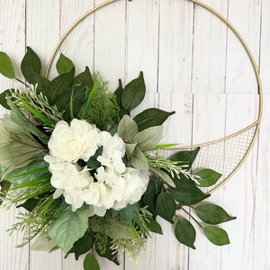 White Hydrangea and Rose Golden Hoop Wreath With Greenery, Year Round ...