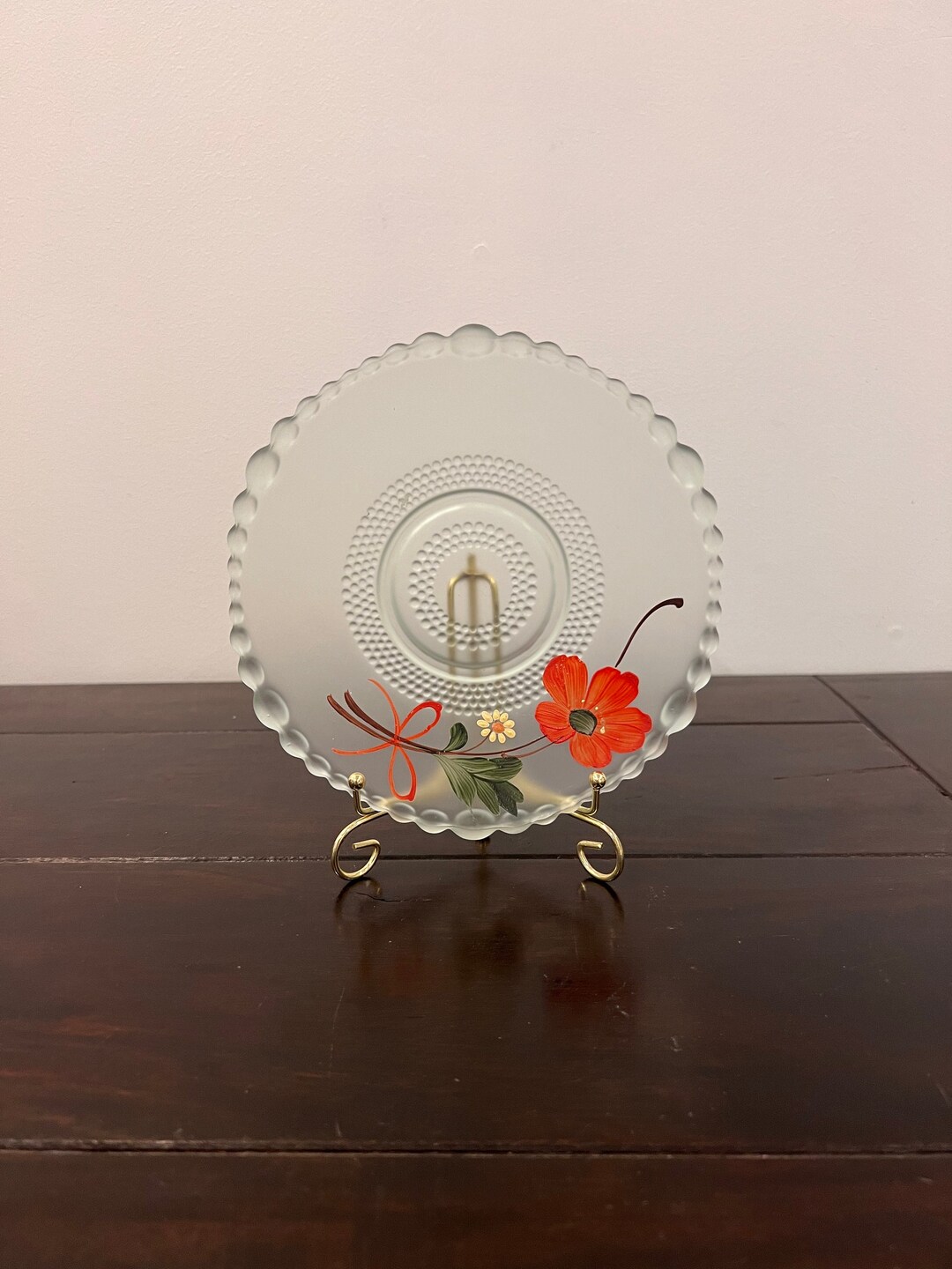 Vintage Dessert Plate, Mate Glass Cake Plate With Red Floral Motif ...