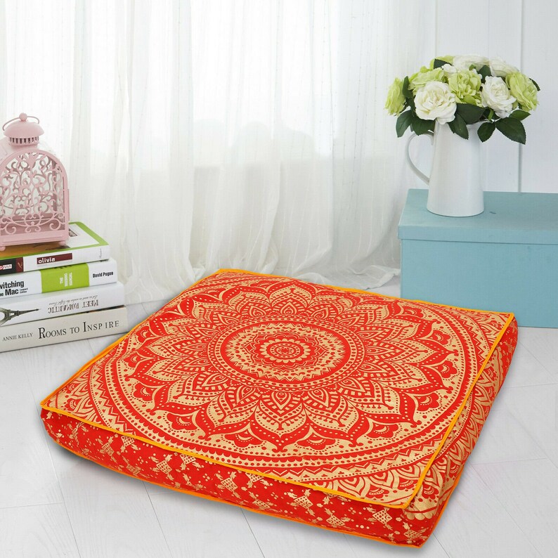 35 Inch Box Red Gold Mandala Floor Pillow Cushion Cover Pet Bed Covers ...