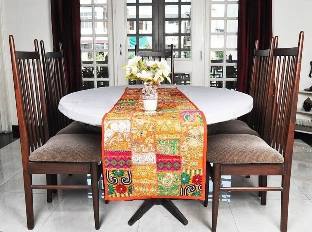 Orange Color Table Runner Room Decor Cloth Embroidered Patchwork Cotton ...