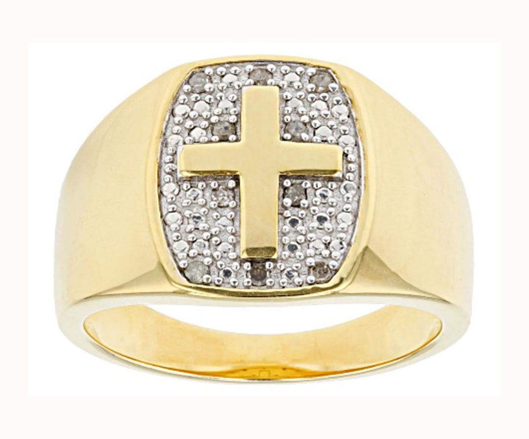 Cross Mens Ring Studded With White Moissanite 18k Yellow Gold Over ...