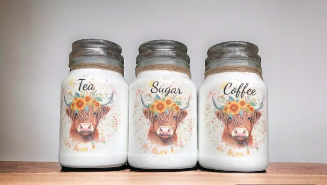 Floral Highland Cow Kitchen Canisters: Tea, Coffee, Sugar Jars - Etsy UK