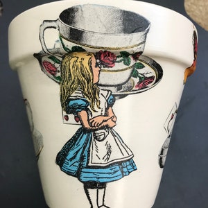 Alice in Wonderland Flower Pot , Alice Decoupaged Flower Pot , White ...