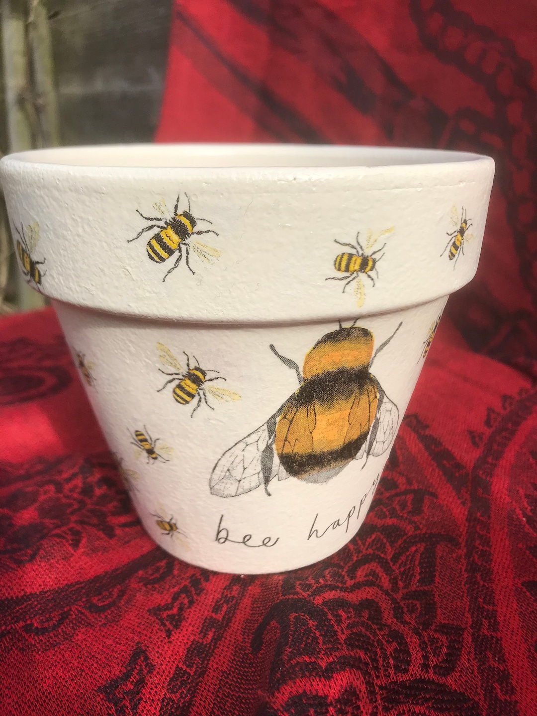 Bee Plant Pot ,decoupage Plant Pots ,bee Happy Plant Pot, Birthday ...
