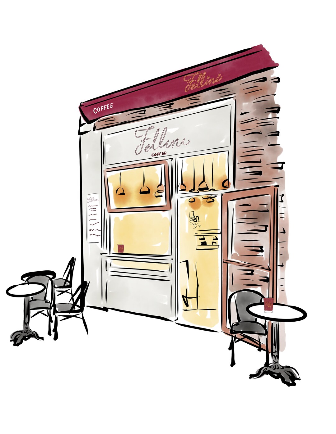 Fellini Coffee New York Coffee Shop Wall Art Custom NYC Illustration ...