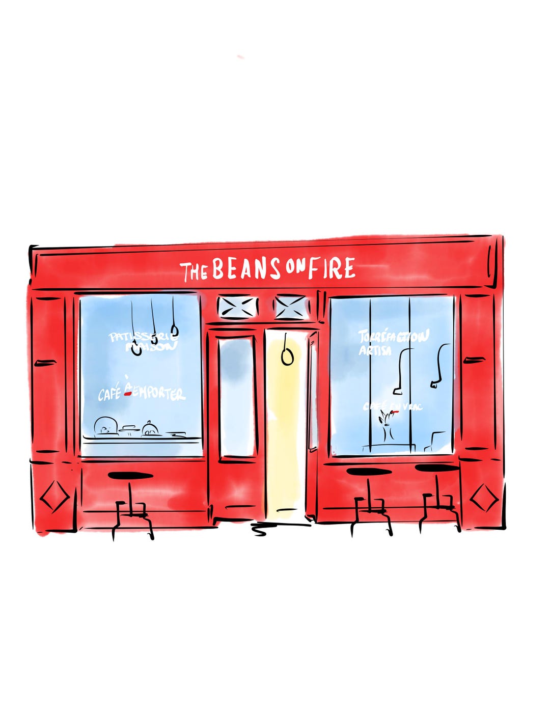 Paris Coffee Shop Art Print: Beans on Fire Parisian Cafe Illustration ...