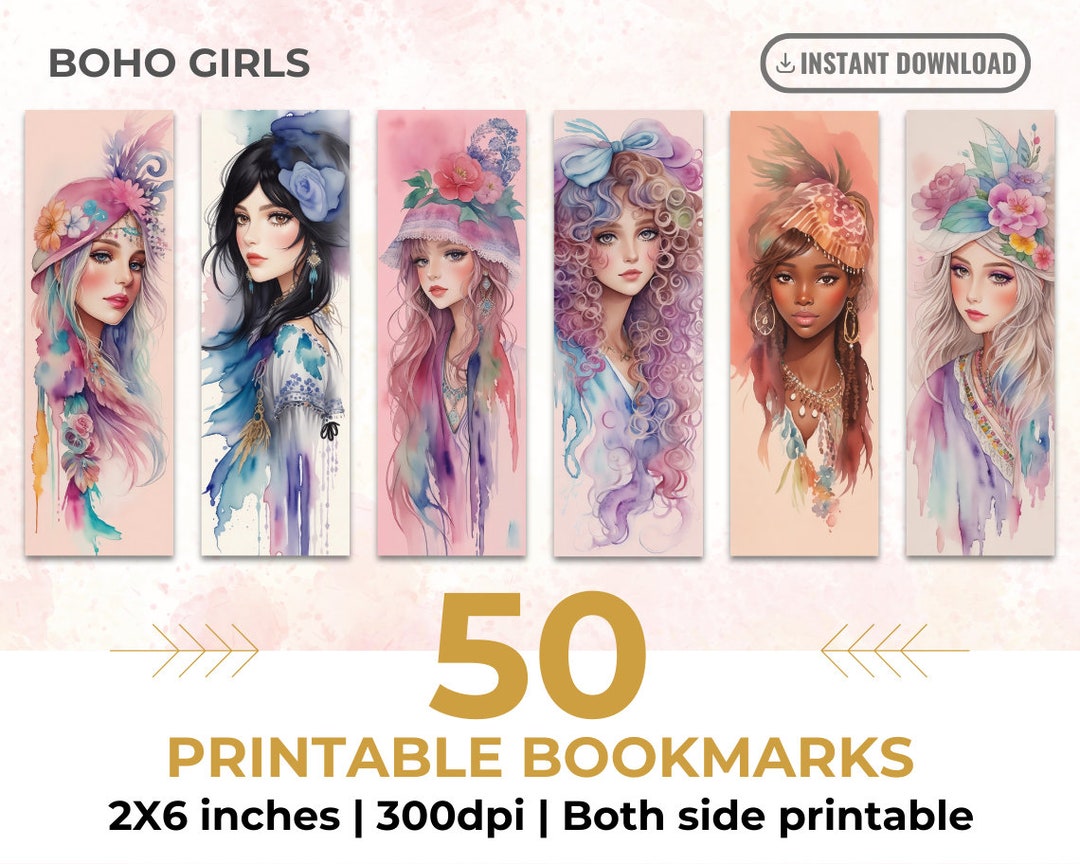 50 Watercolor Boho Girl Printable Bookmarks, Bohemian Fashion, Boho ...