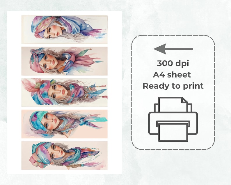 50 Watercolor Boho Girl Printable Bookmarks, Bohemian Fashion, Boho ...