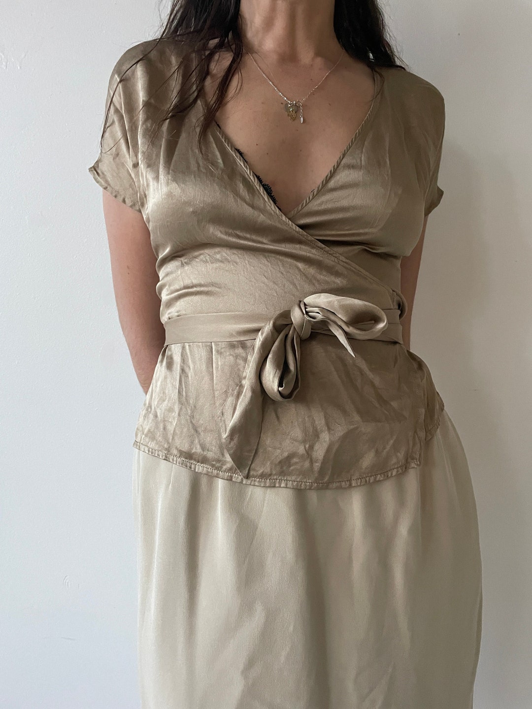 90's Gold Silk Wrap Short Sleeve Blouse Vintage Silk Wrap Shirt 90's ...