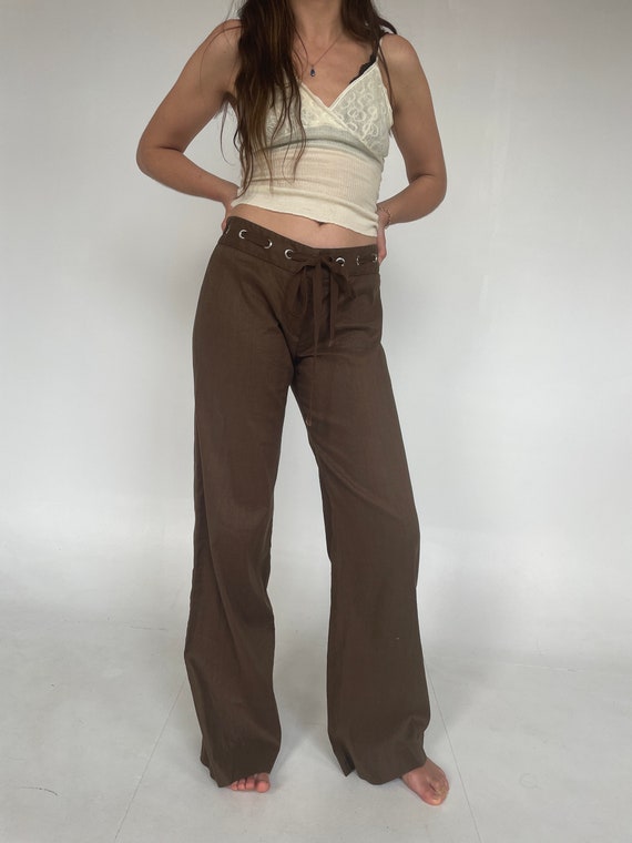 Y2K Low Rise Brown Linen Pants w Hardware Details Vin… - Gem