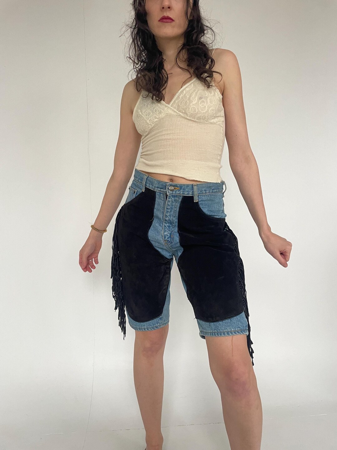 Vintage Suede Patch Fringe Western Jorts Denim Shorts W Leather Fronts ...