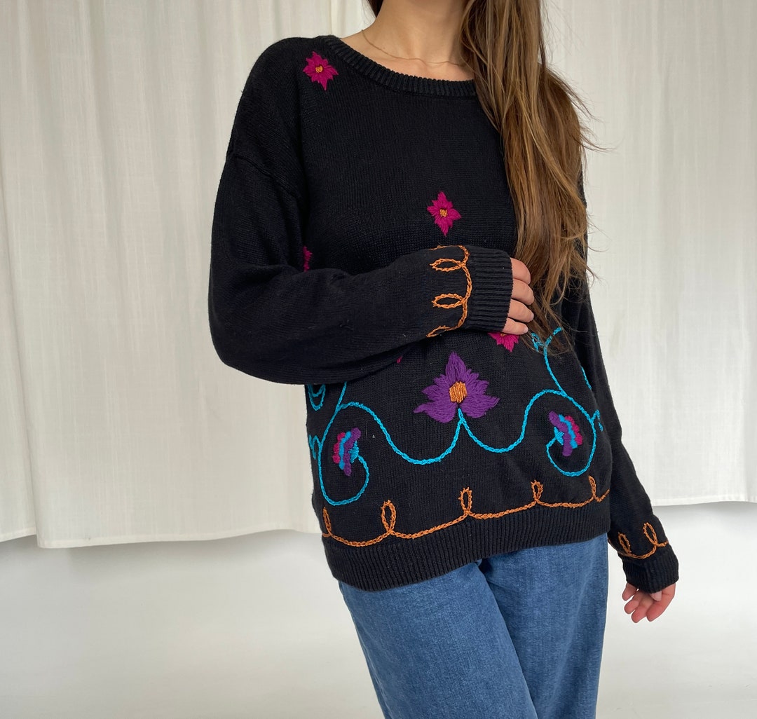 90's Vintage Floral Embroidered Ramie Cotton Sweater // S-M - Etsy