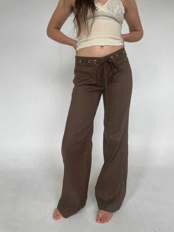 Y2K Low Rise Brown Linen Pants w Hardware Details Vin… - Gem
