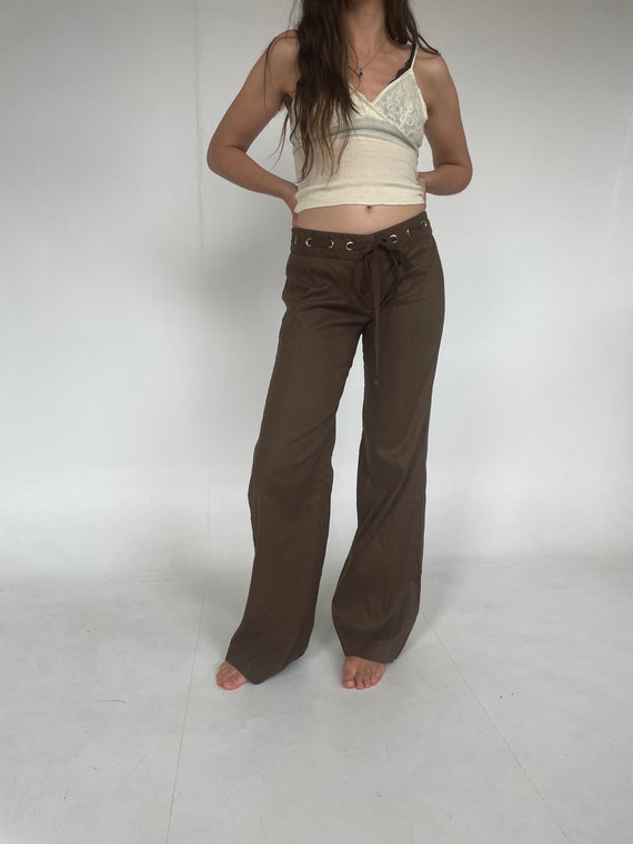 Y2K Low Rise Brown Linen Pants w Hardware Details Vin… - Gem