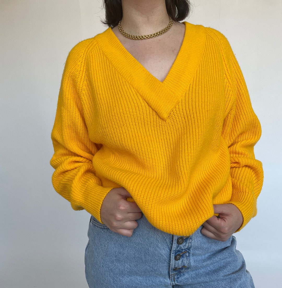 80's Mustard Yellow Deep V Neck Pullover Vintage Sweater // L-XL - Etsy