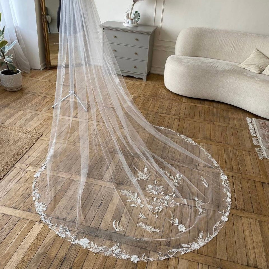 Long Floral Lace Veil,wedding Veil,bridal Veil,ivory Veil,cathedral ...