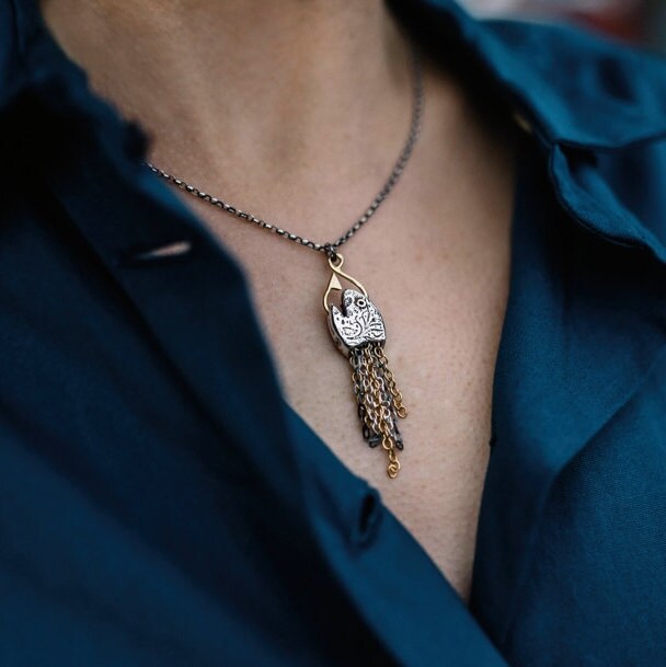 Oxidised Sterling Silver Etched Fish Head Pendant With 22ct Gold Plated ...