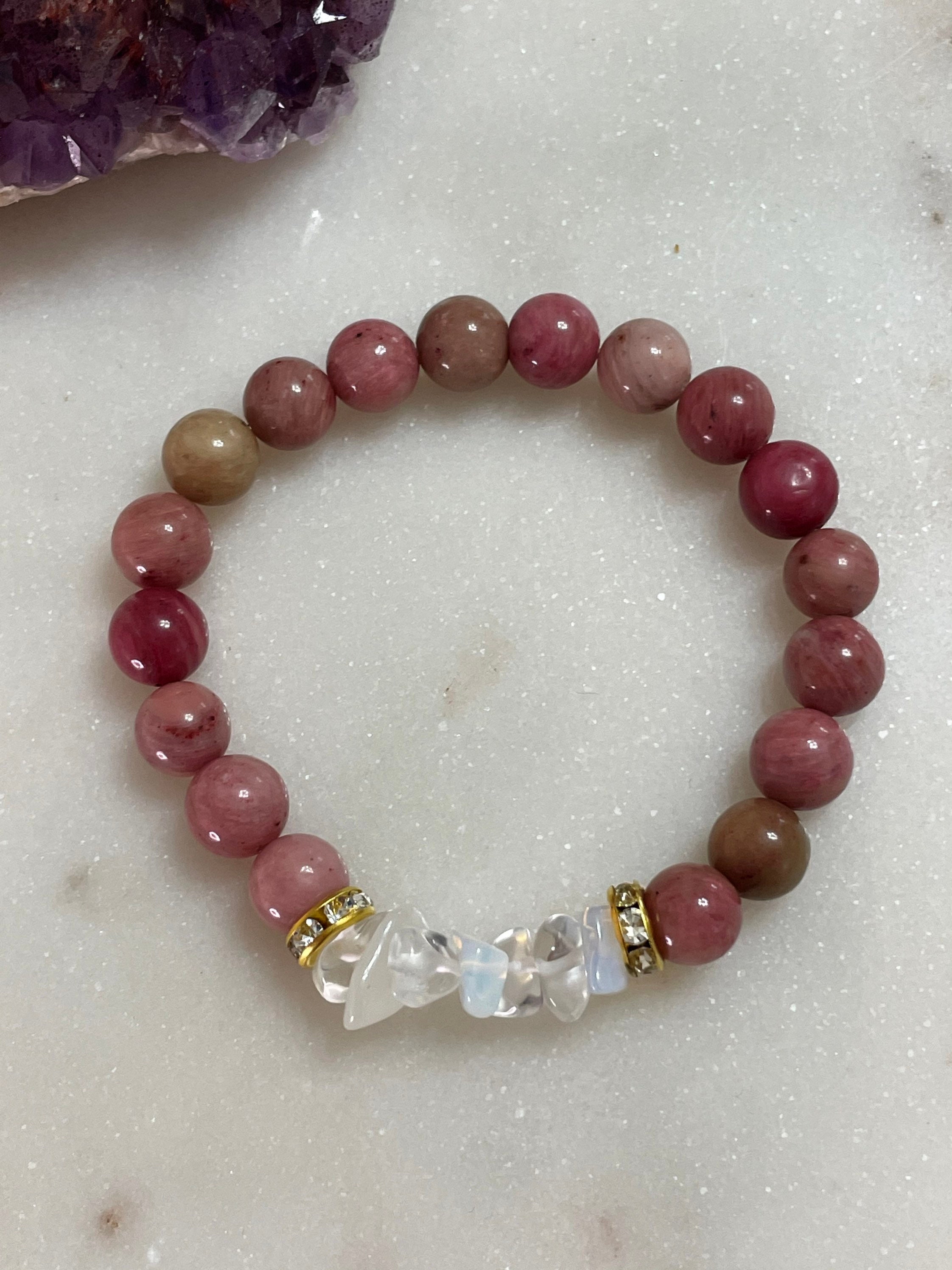 Rhodonite & Clear Quartz Chip Stretch Bracelet / Gemstone Bracelet / Beads Bracelet / Stackable ...