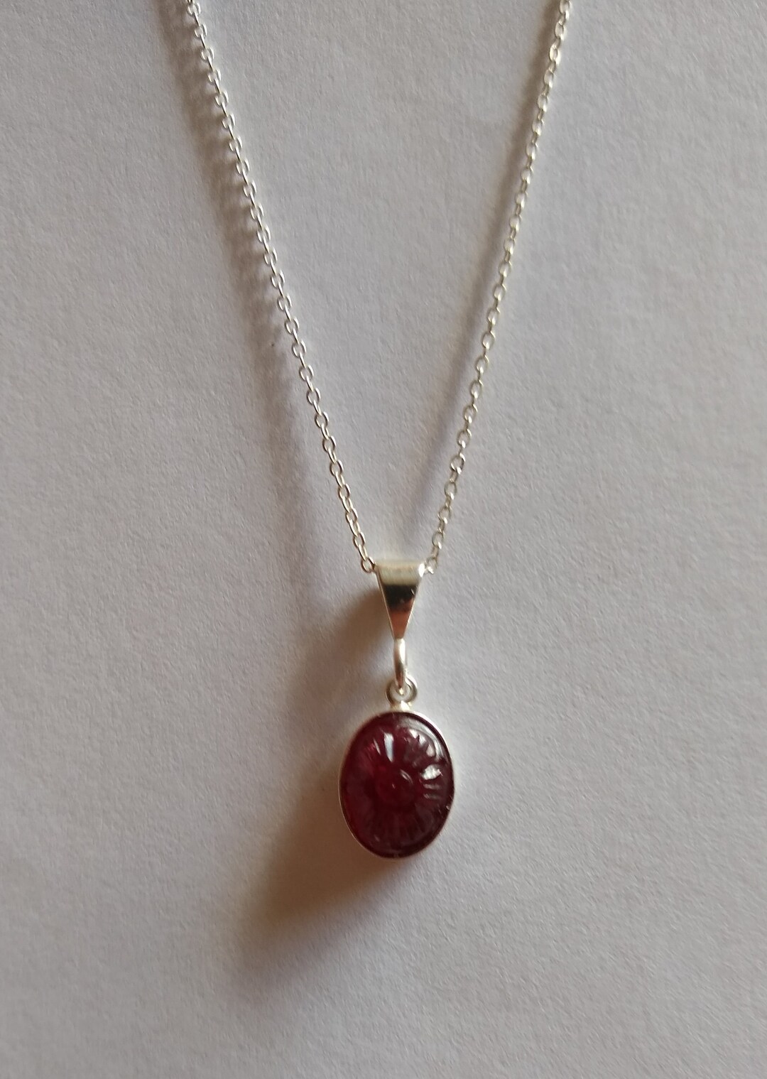 Genuine Carved Ruby Necklace Pendant, 1mm Sterling Cable Link Chain, 18 ...