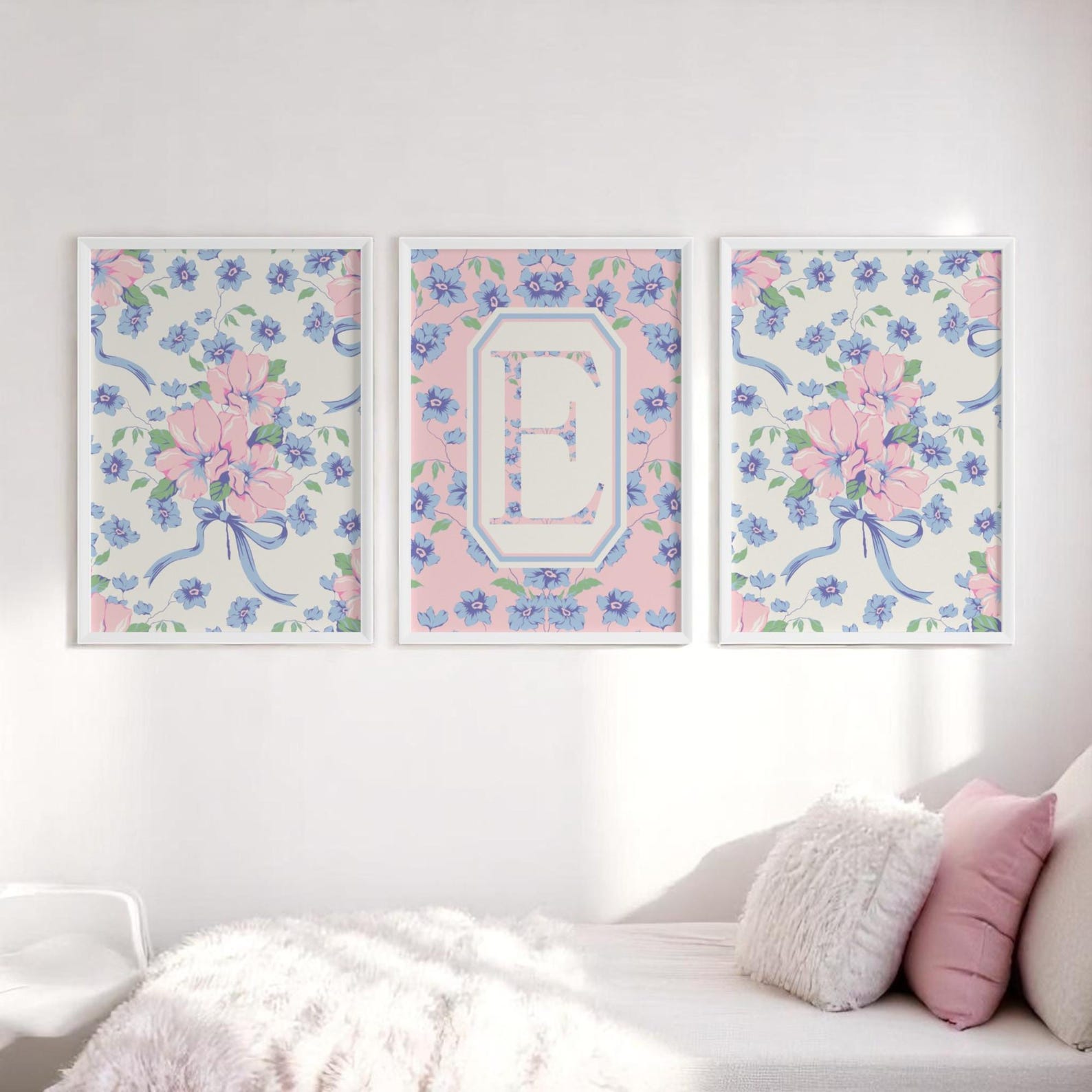 Floral Custom Initial Letter Set of 3 Prints for College Dorm, Preppy ...