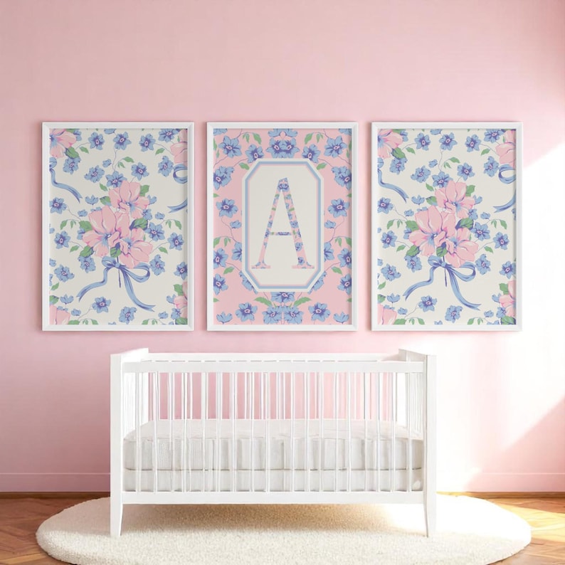 Floral Custom Initial Letter Set of 3 Prints for College Dorm, Preppy ...