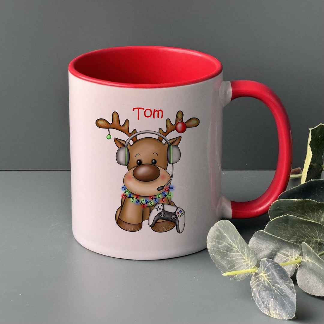 Personalised Gamer Reindeer Christmas Mug, Gaming Reindeer Mug, Cute ...