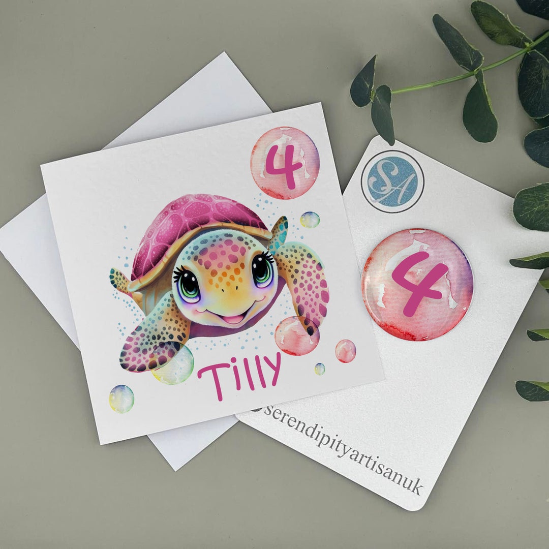 Personalised Turtle Birthday Card, Pink or Green Turtle Birthday Card ...