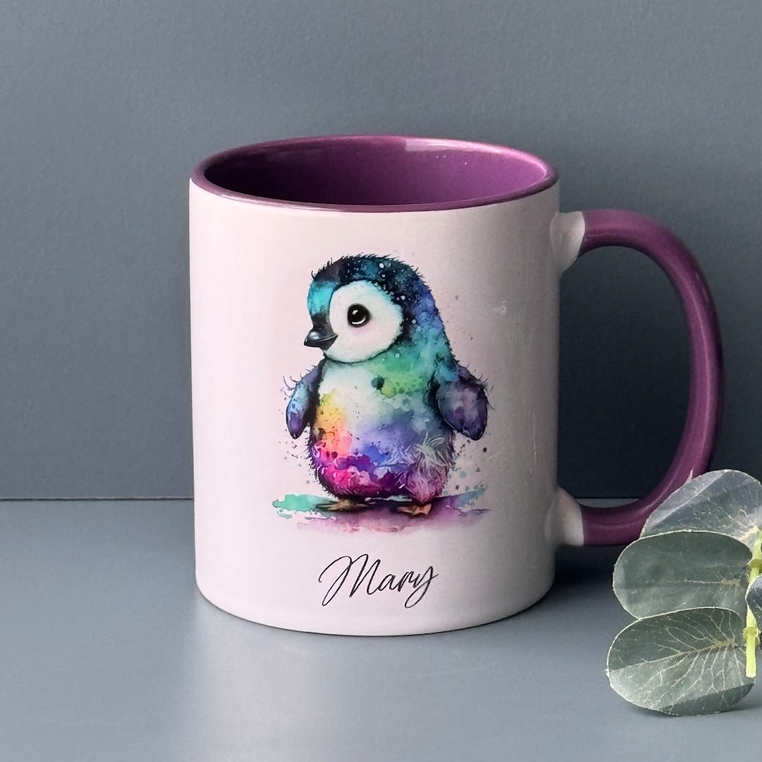 Personalised Penguin Ceramic Mug and Matching Coaster, Personalised ...