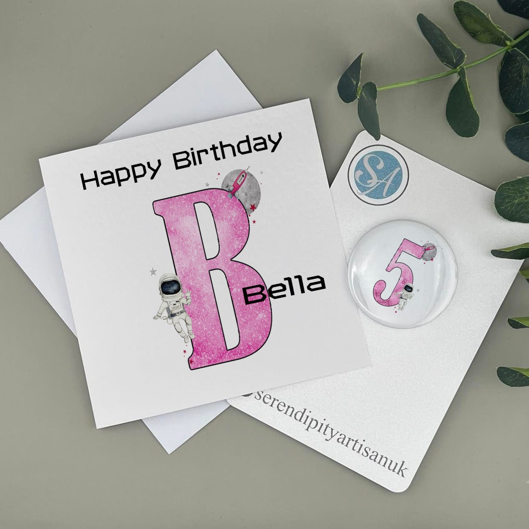 Personalised Birthday Card and Badge Set PINK or BLUE Astronaut ...