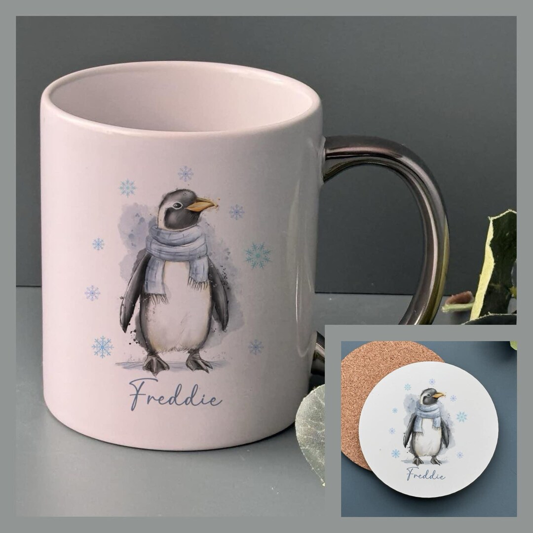 Personalised Penguin Ceramic Mug, Matching Coaster, Personalised ...