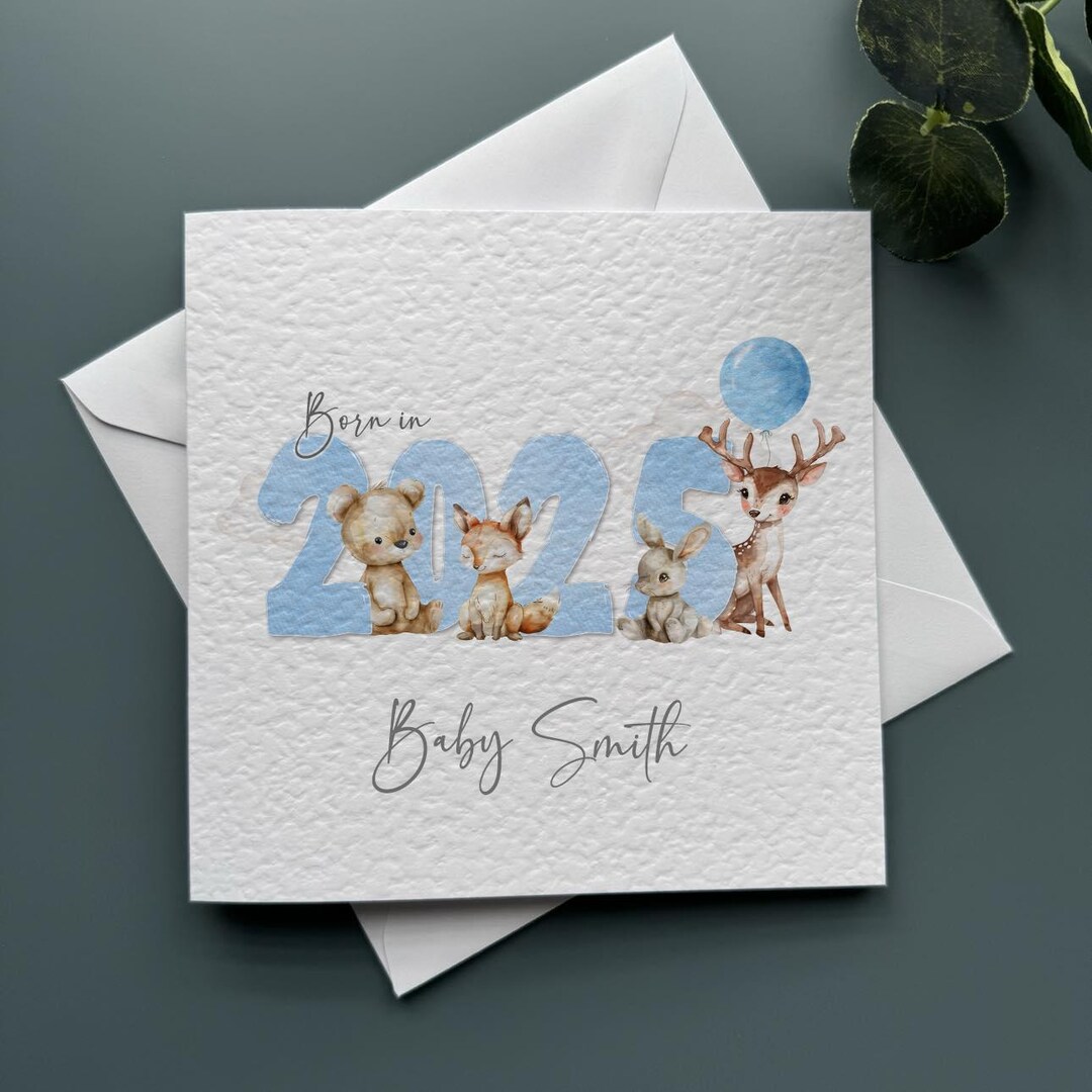 New Baby Cards, Born in 2025 Card, Forest Animals Card, New Born Card ...