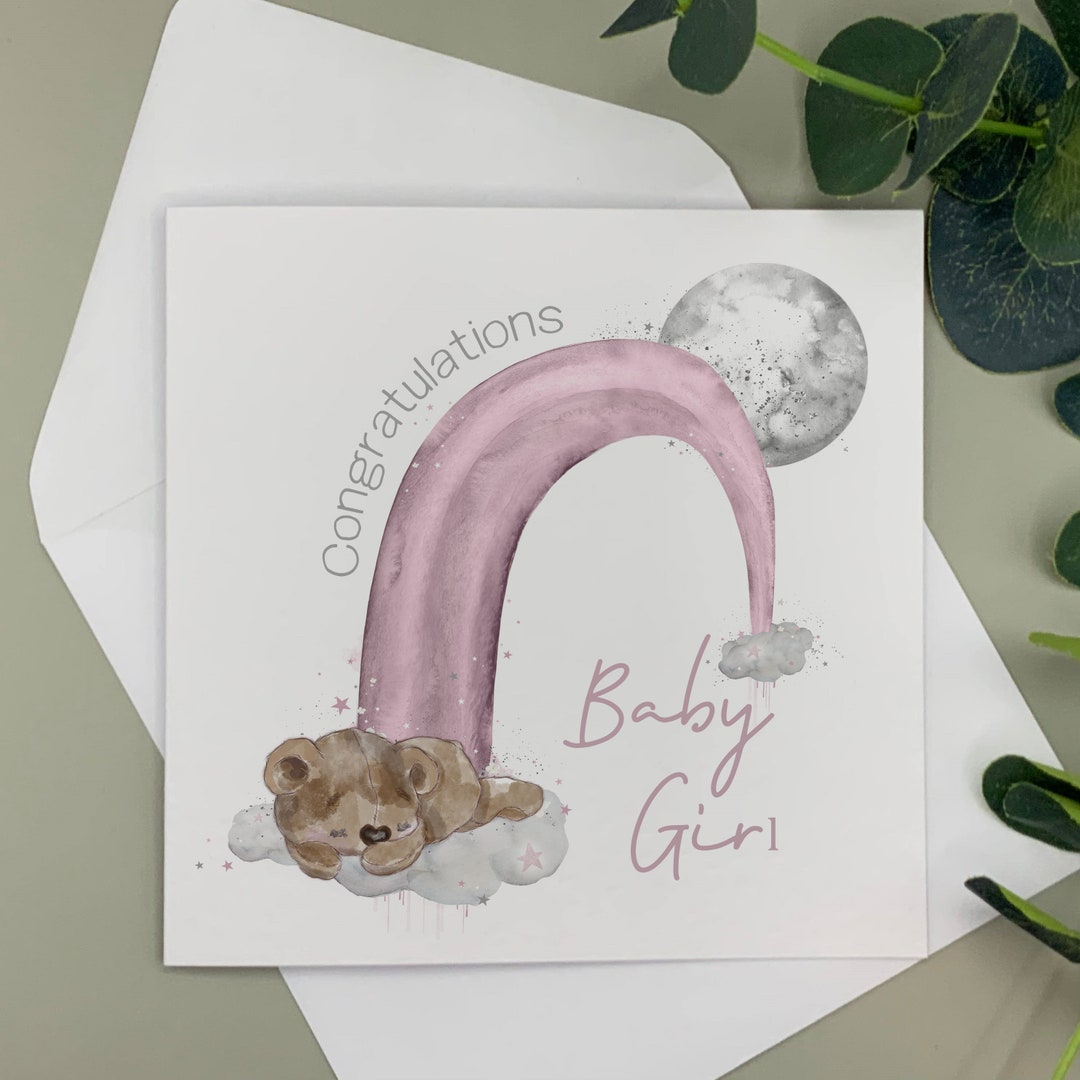 New Baby Greeting Card, Congratulations New Baby Card, Teddy Rainbow ...