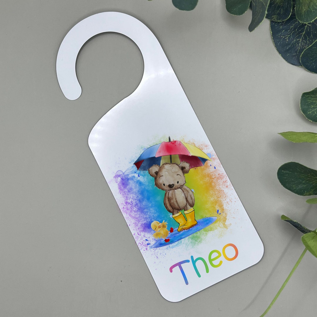Personalised Teddy Bear Rainbow Door Hanger, Door Sign, Do Not Disturb ...
