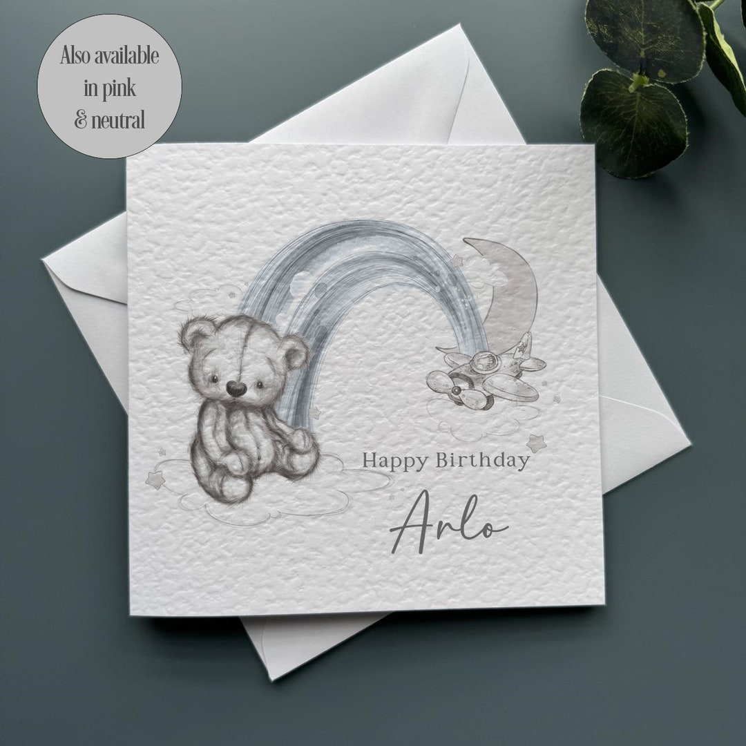 Personalised Teddy Birthday Card, Teddy Bear Rainbow Birthday Card ...