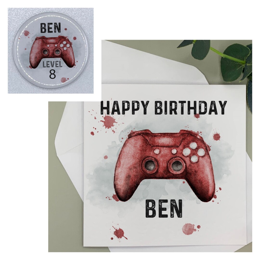 Personalised Gaming Birthday Card and Personalised Age Badge to Match ...