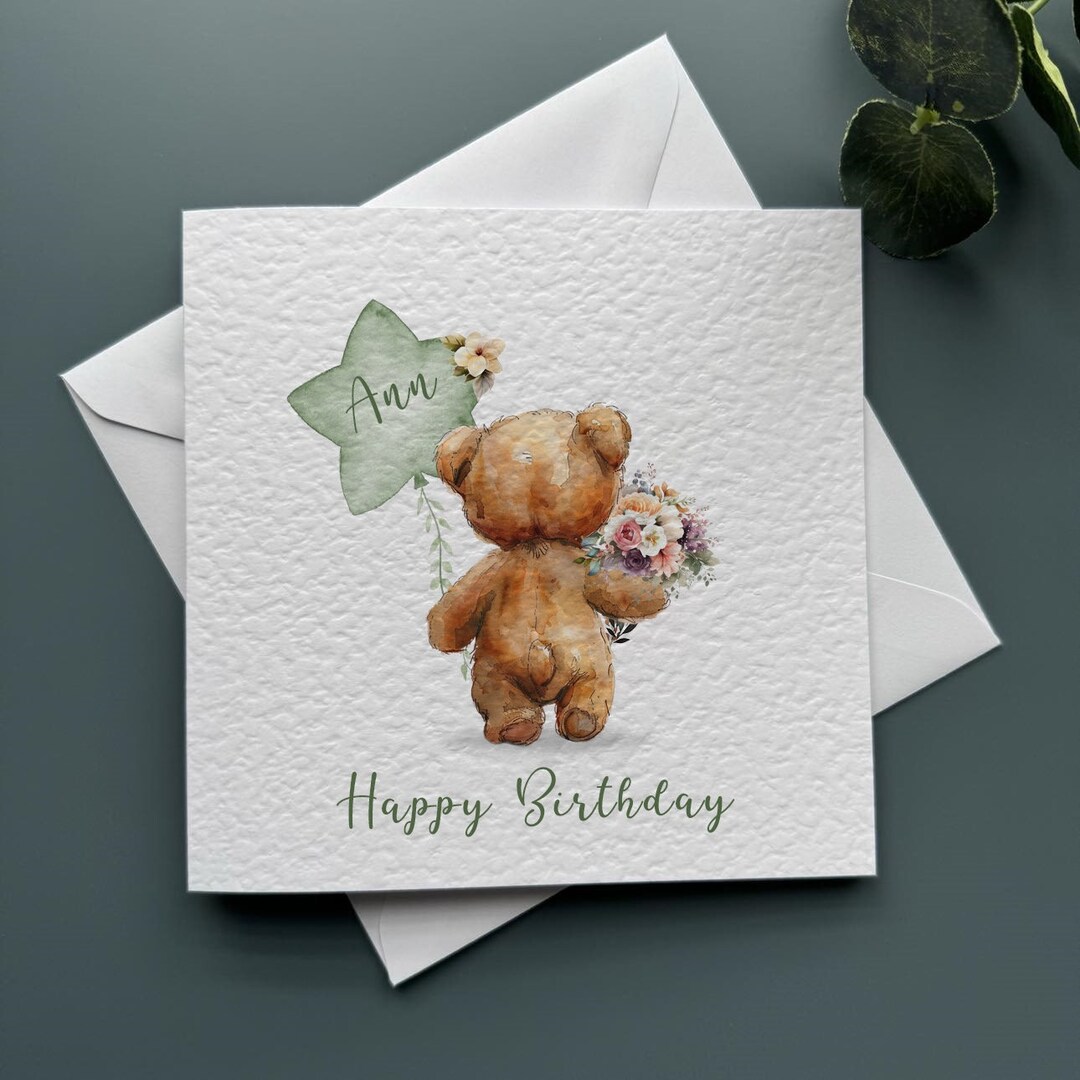 Leaving Card, Birthday Card, Custom Text Card, Teddy Bear Balloon Card ...